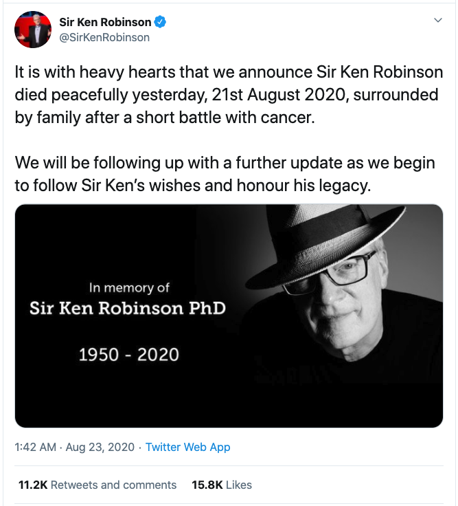 Ken Robinson爵士辞世享年70岁
